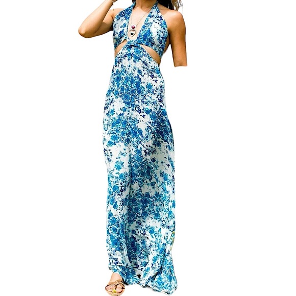 RAGA | Dresses | Raga Halter Bluewhite Tie Dye Cut Out Maxi Dress | Poshmark